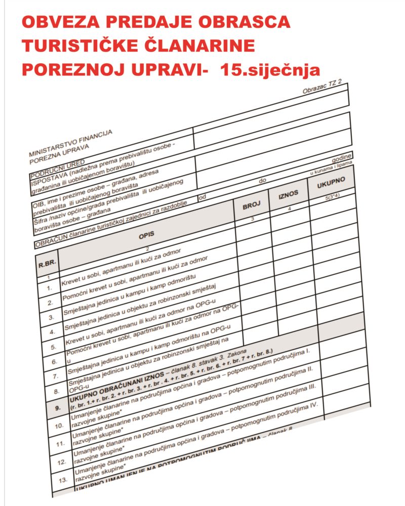 Obveza dostave Obrasca turističke članarine poreznoj upravi